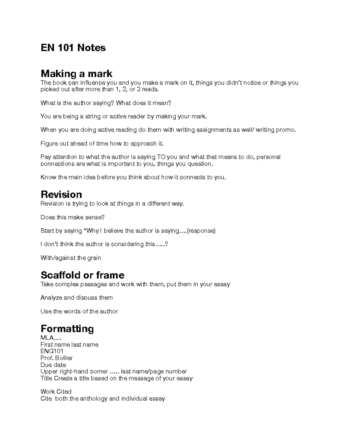 ENG 101 - how to write an essay notes - EN 101 Notes Making a mark The ...