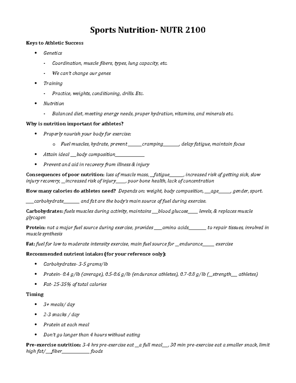 2100 sports nutrition notes - Sports Nutrition- NUTR 2100 Keys to ...