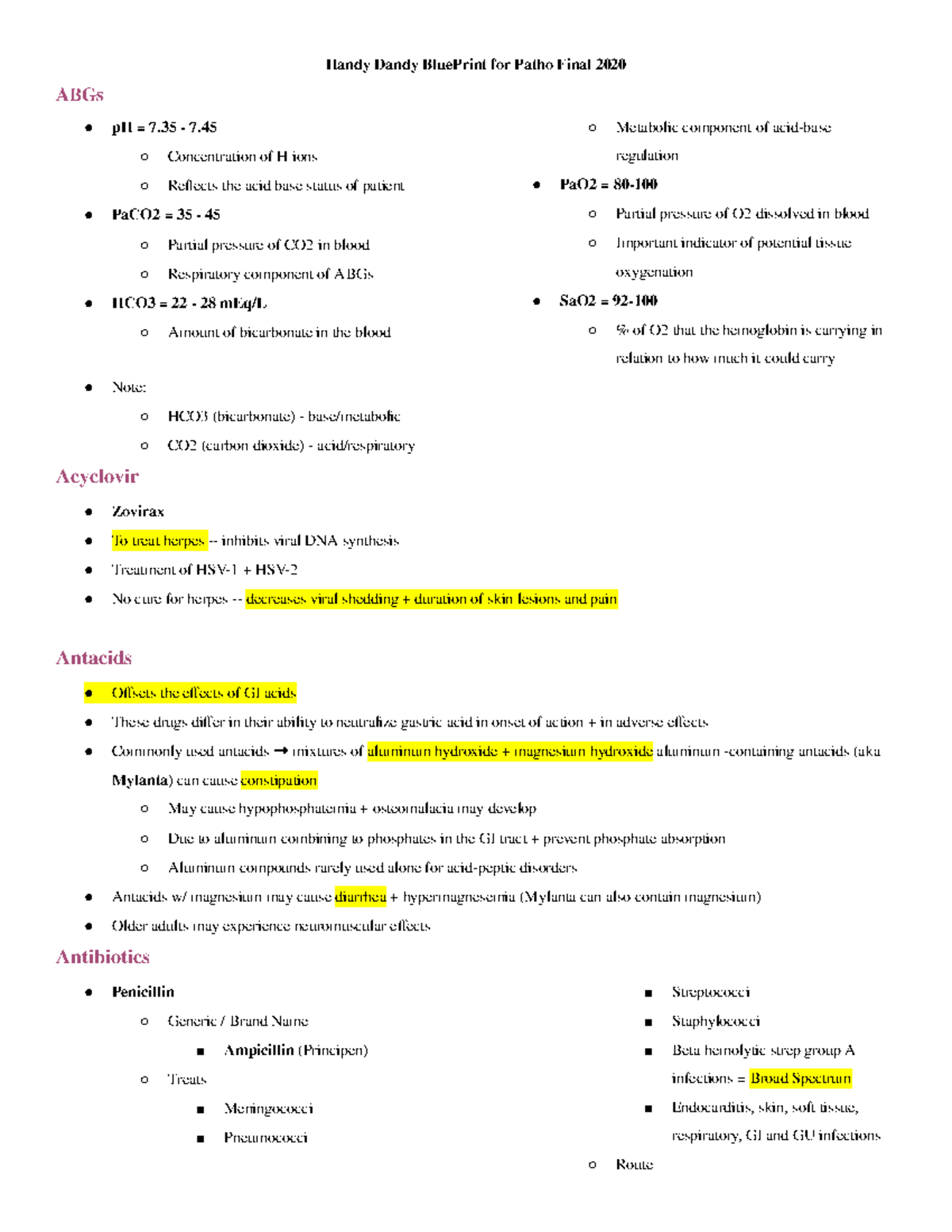 Patho Final Study Guide - Handy Dandy BluePrint for Patho Final 2020 ABGs pH = 7 - 7. - Studocu