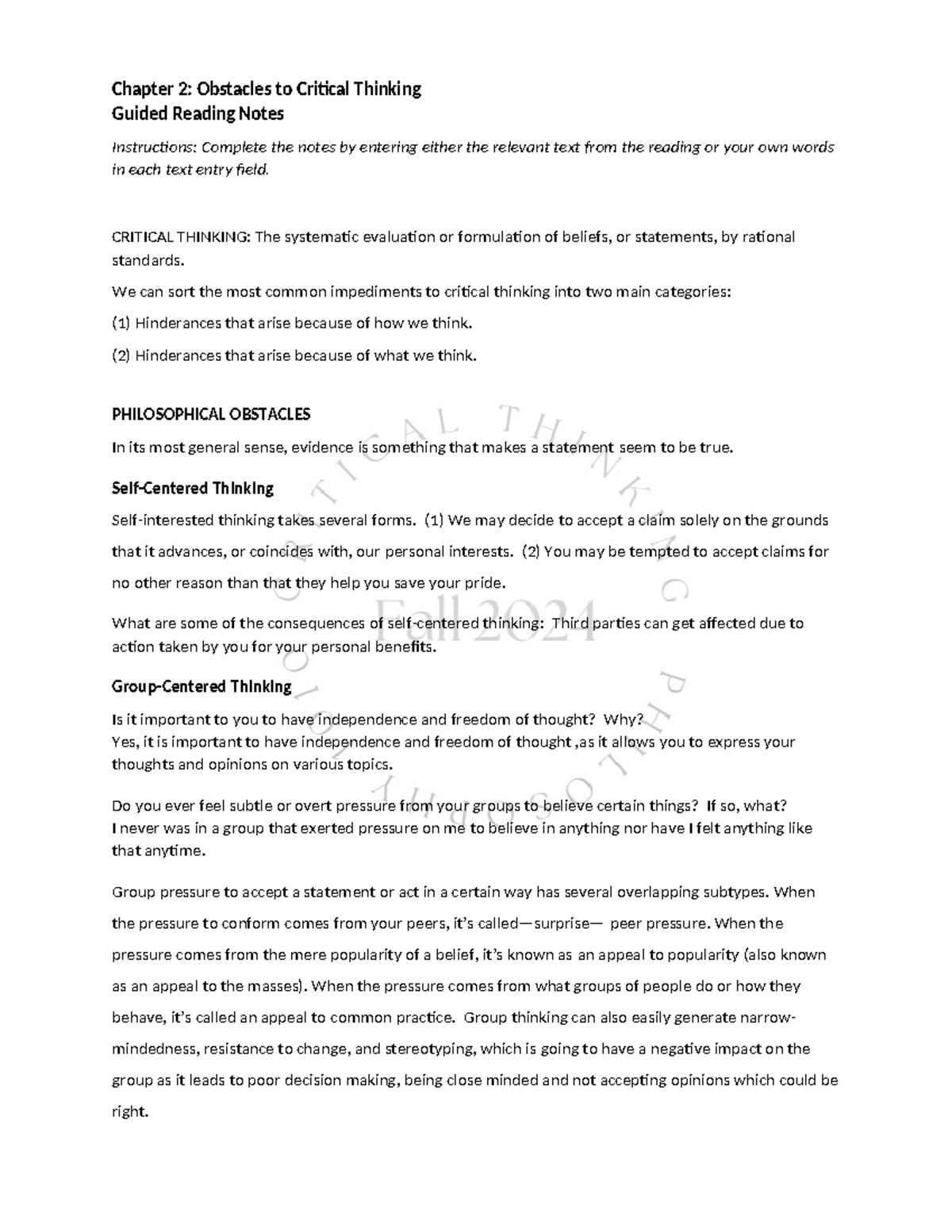 Notes Chapter 2 - Chapter 2: Obstacles to Critical Thinking Guided ...