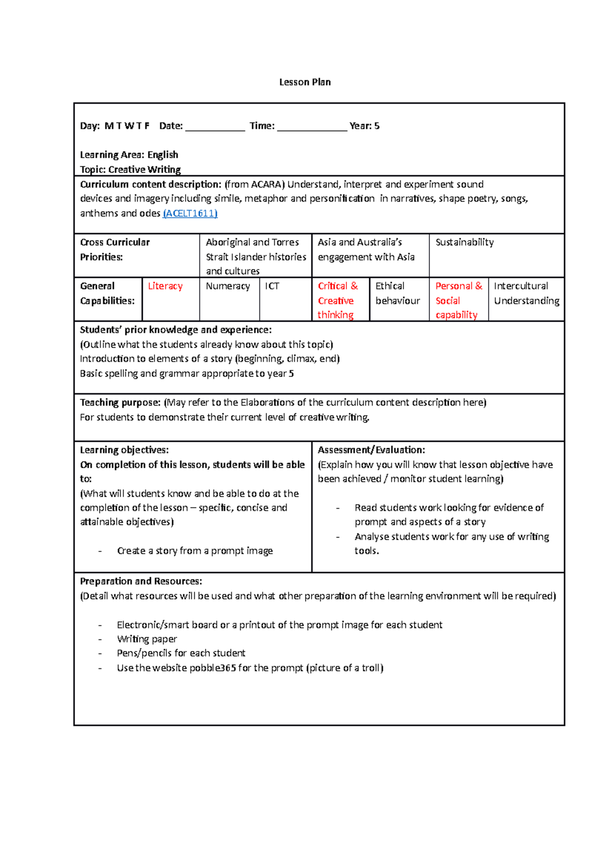 Lesson Plan Template - Lesson Plan Day: M T W T F Date ...