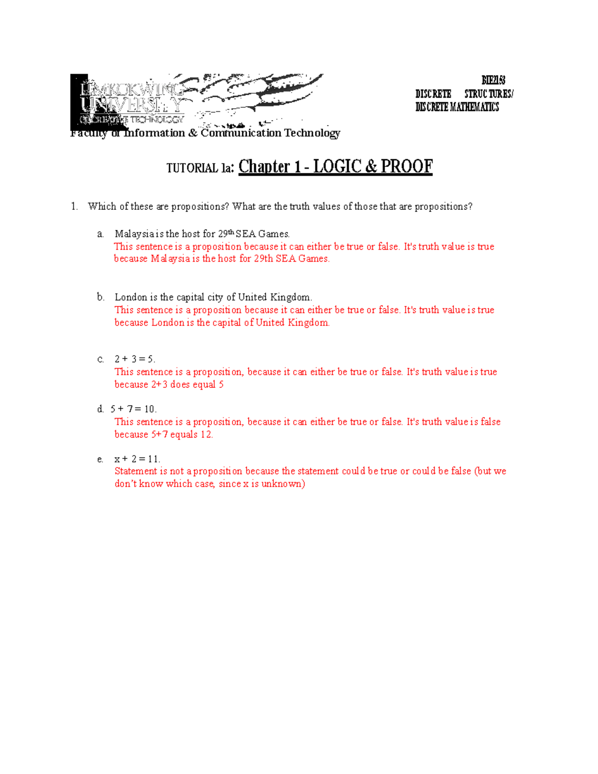 Tutorial Discrete Maths Chap1Proof Logic - BIE DISCRETE STRUCTURES ...