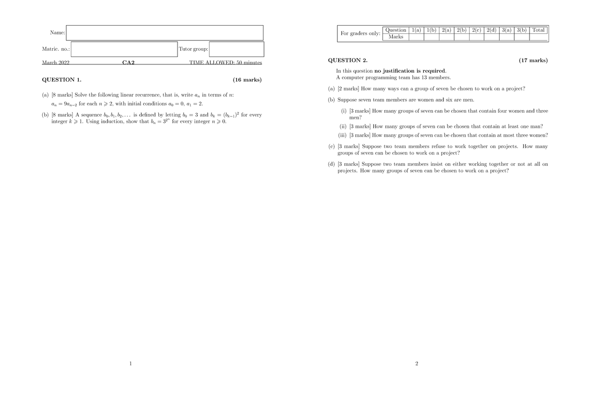 CA2-2021 - Name: Matric. no.: Tutor group: March 2022 CA2 TIME ALLOWED ...