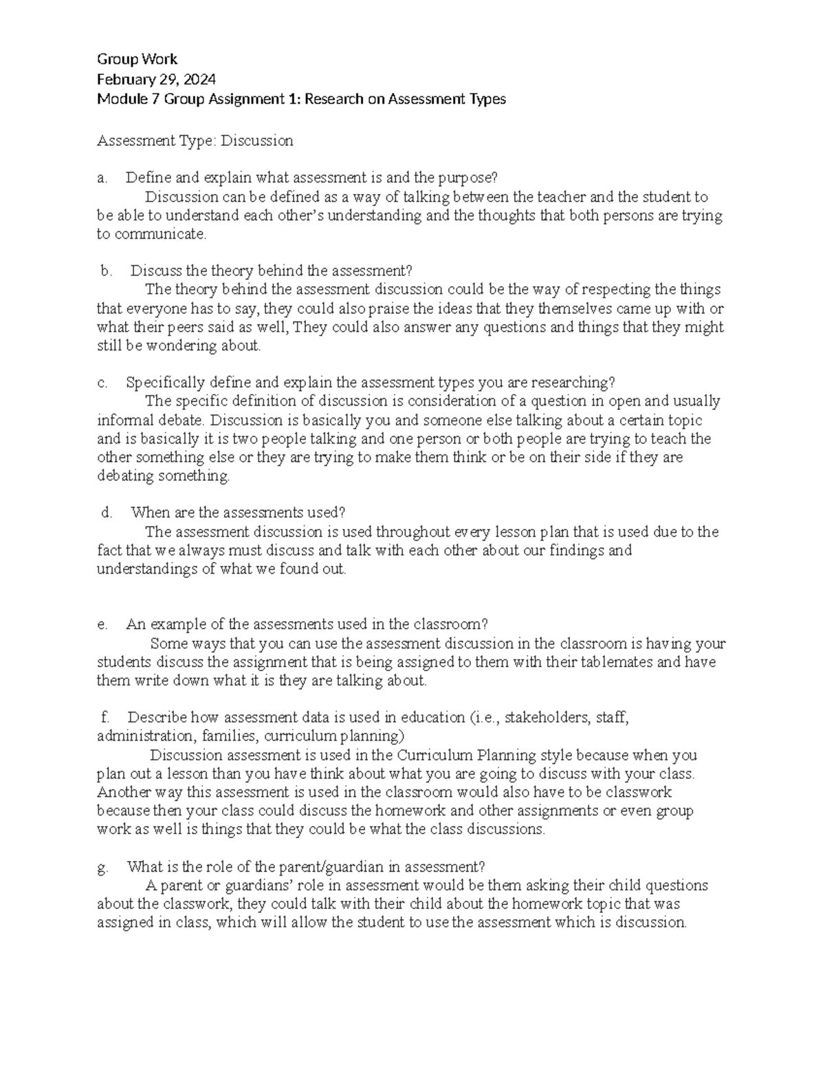 Module 7 Assessment Type Group Work - Group Work February 29, 2024 ...