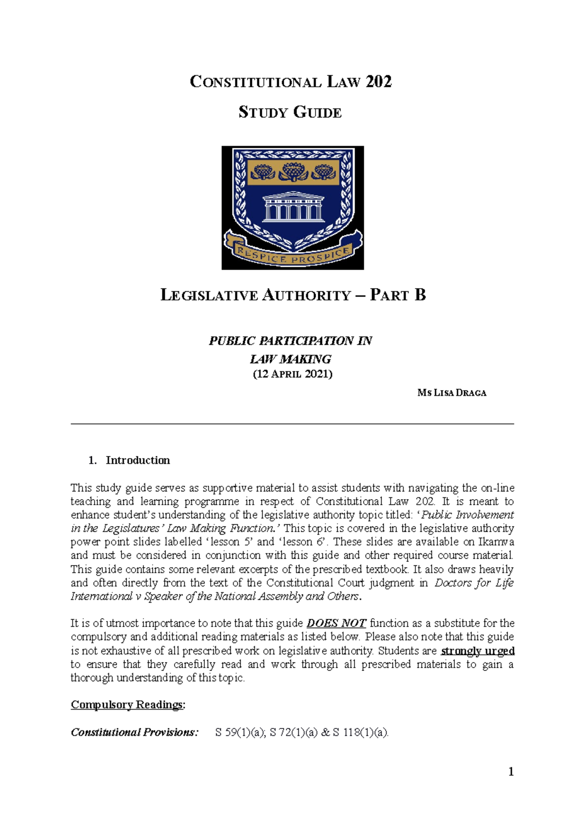 2021 04 12 Constituional Law 202 - Study guide PART B - Legislative ...