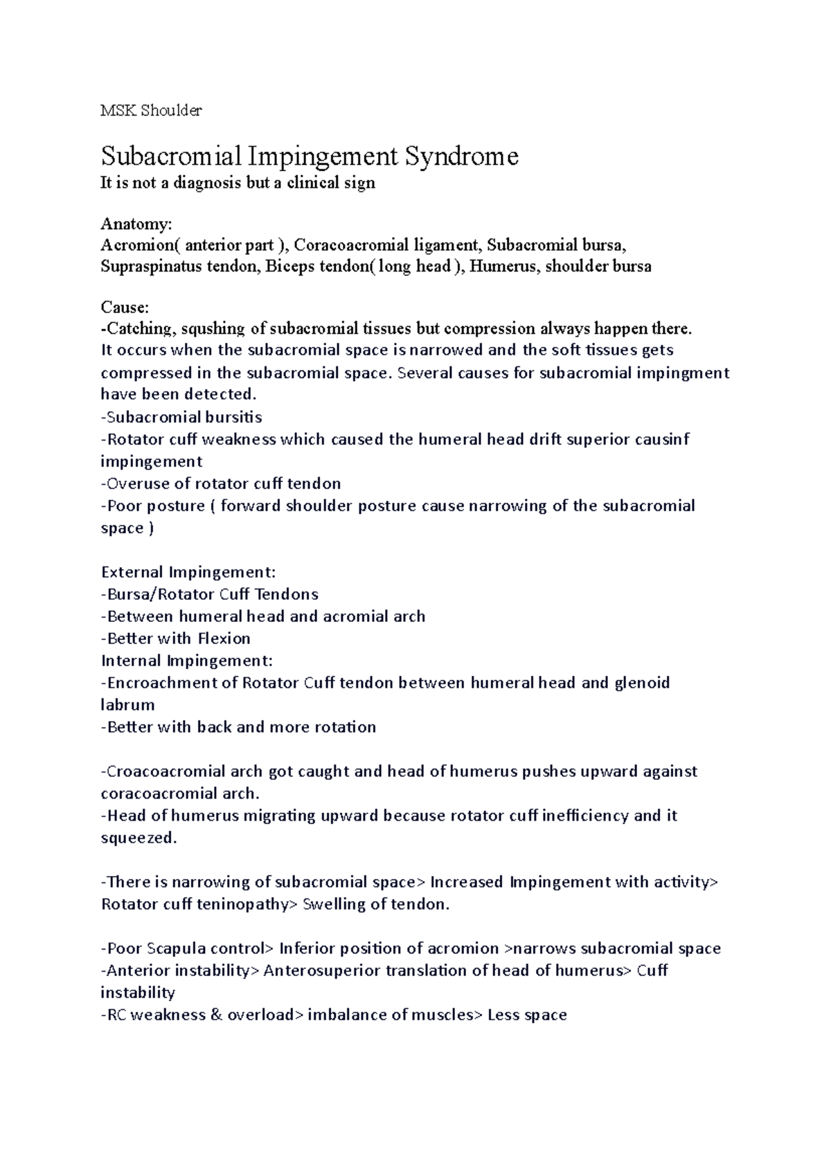 MSK Shoulder - Summary Physiotherapy MSK upper limb - MSK Shoulder ...