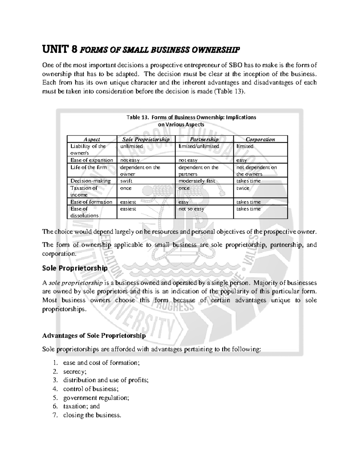 Unit 8 Forms of Small Business Ownership 1 - UNIT 8 FORMS OF SMALL ...