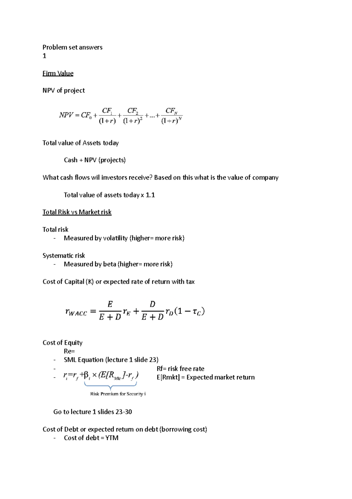 Problem Set Answers Set 2 Problem Set Answers 1 Firm Value Npv Of Project Total Value Of