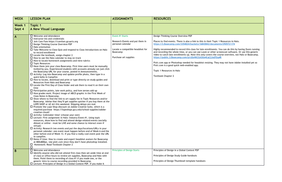 Design Thinking Lesson Plans Fall 23 - WEEK LESSON PLAN ASSIGNMENTS ...