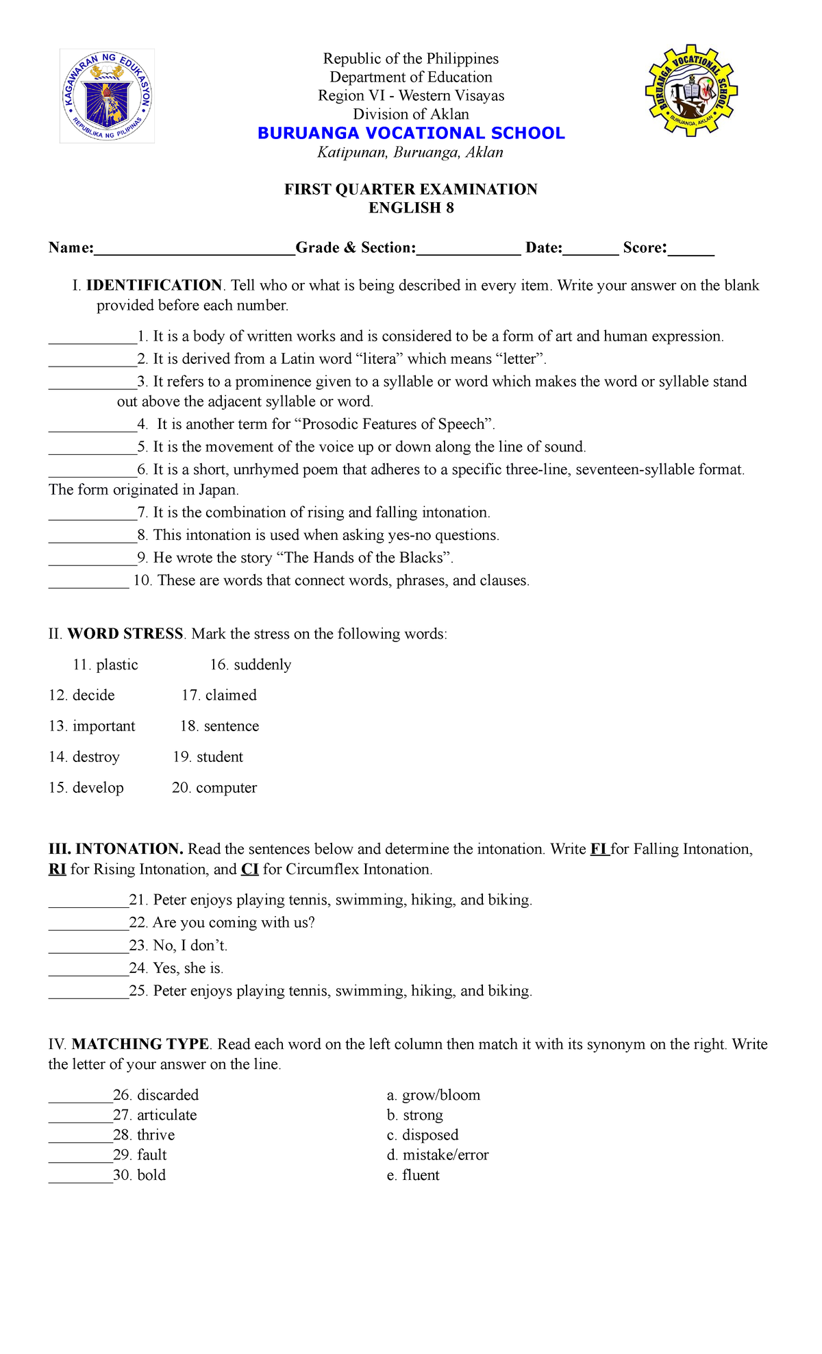 English 8 exam q1 - Republic of the Philippines Department of Education ...