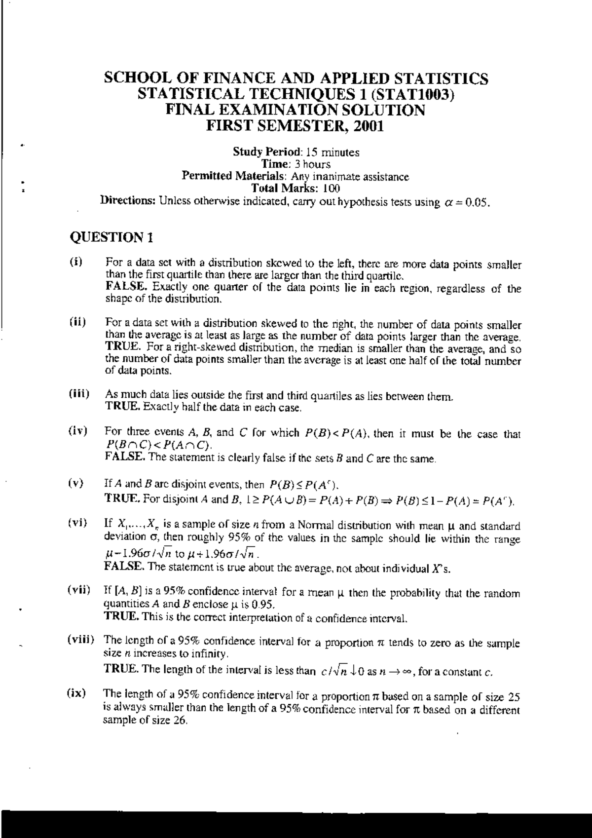 STAT1003 final 2001 - STAT1003 - Studocu