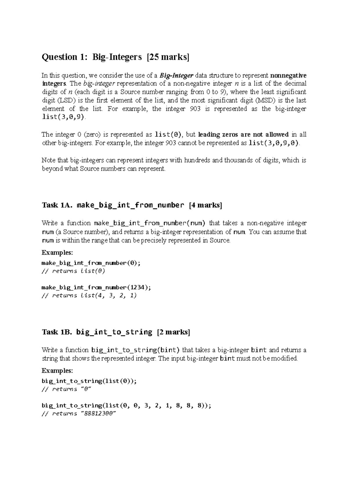 Cs1101s 1819s1 PA Questions - Question 1: Big-Integers [25 marks] In ...