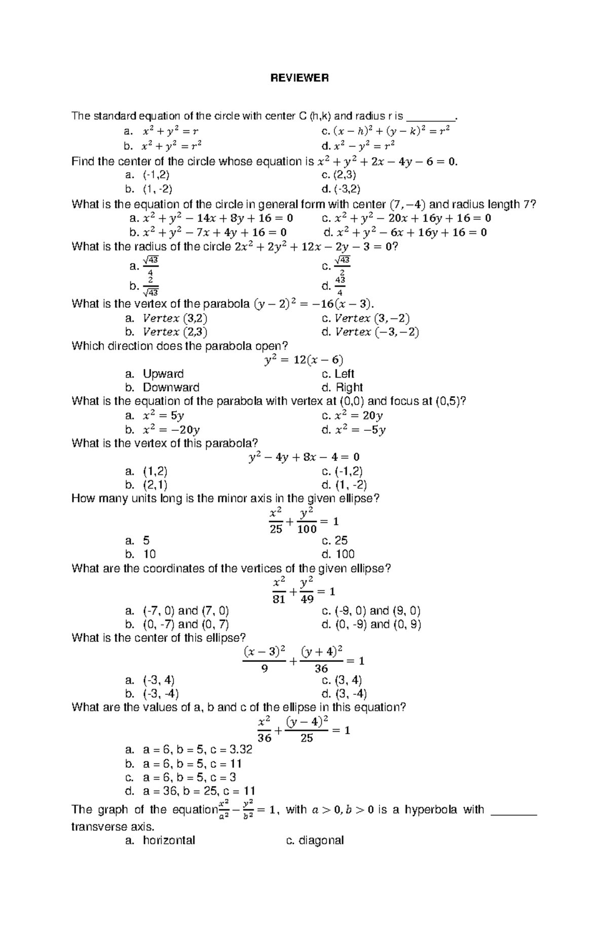 Reviewer - Precalculus - REVIEWER The standard equation of the circle ...