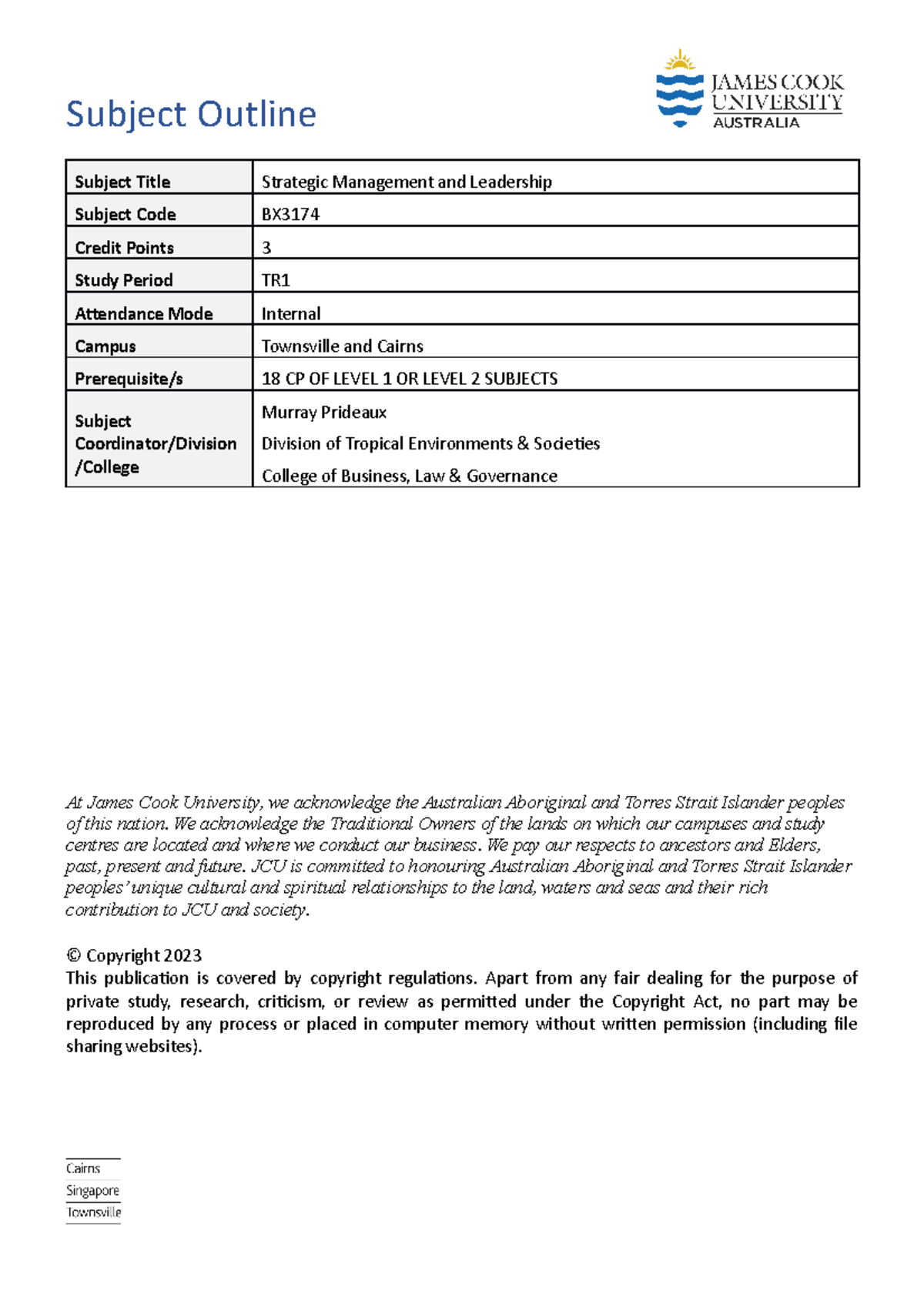 Subject outline 23 - Subject Outline Subject Title Strategic Management ...