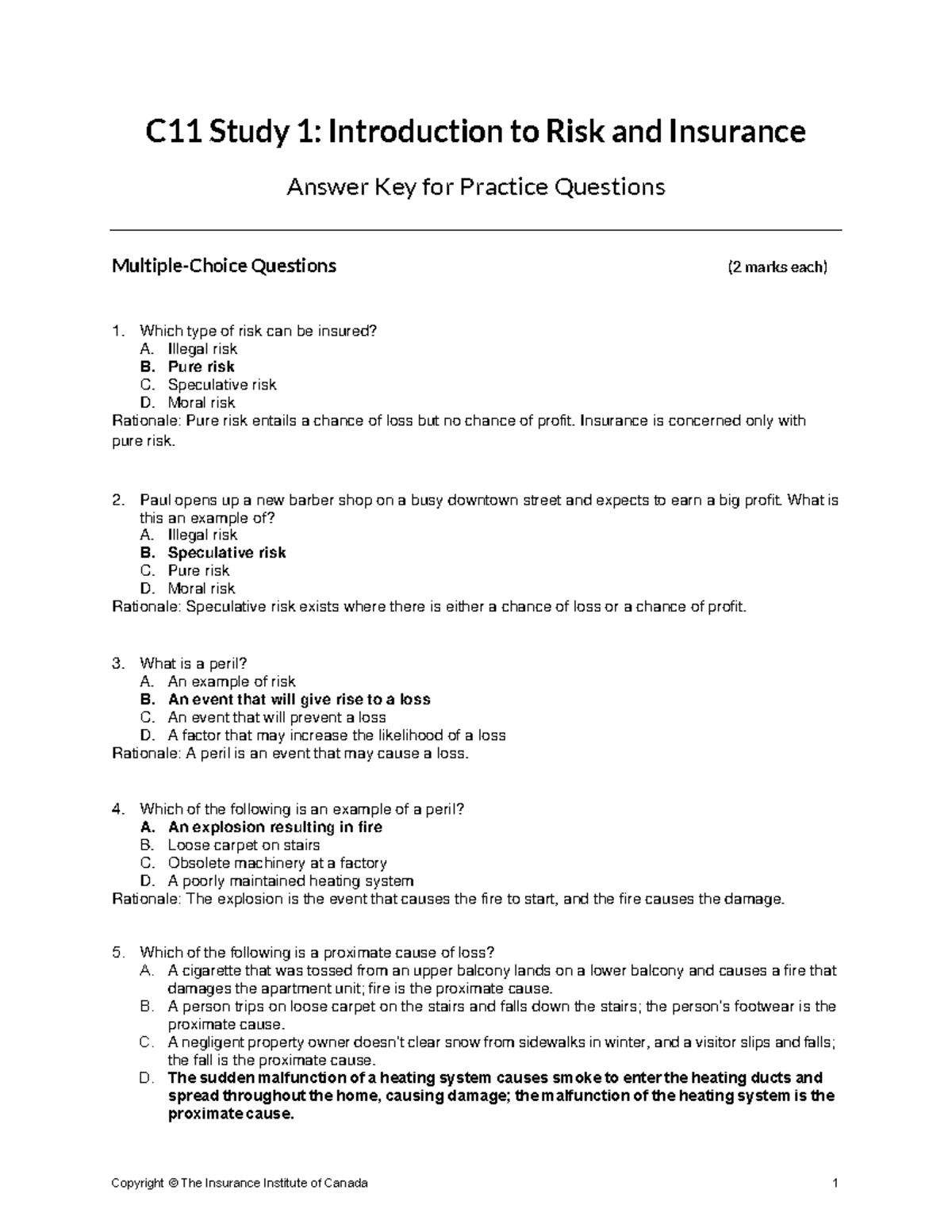 C11 EN study 01 answerkey - C11 Study 1: Introduction to Risk and ...