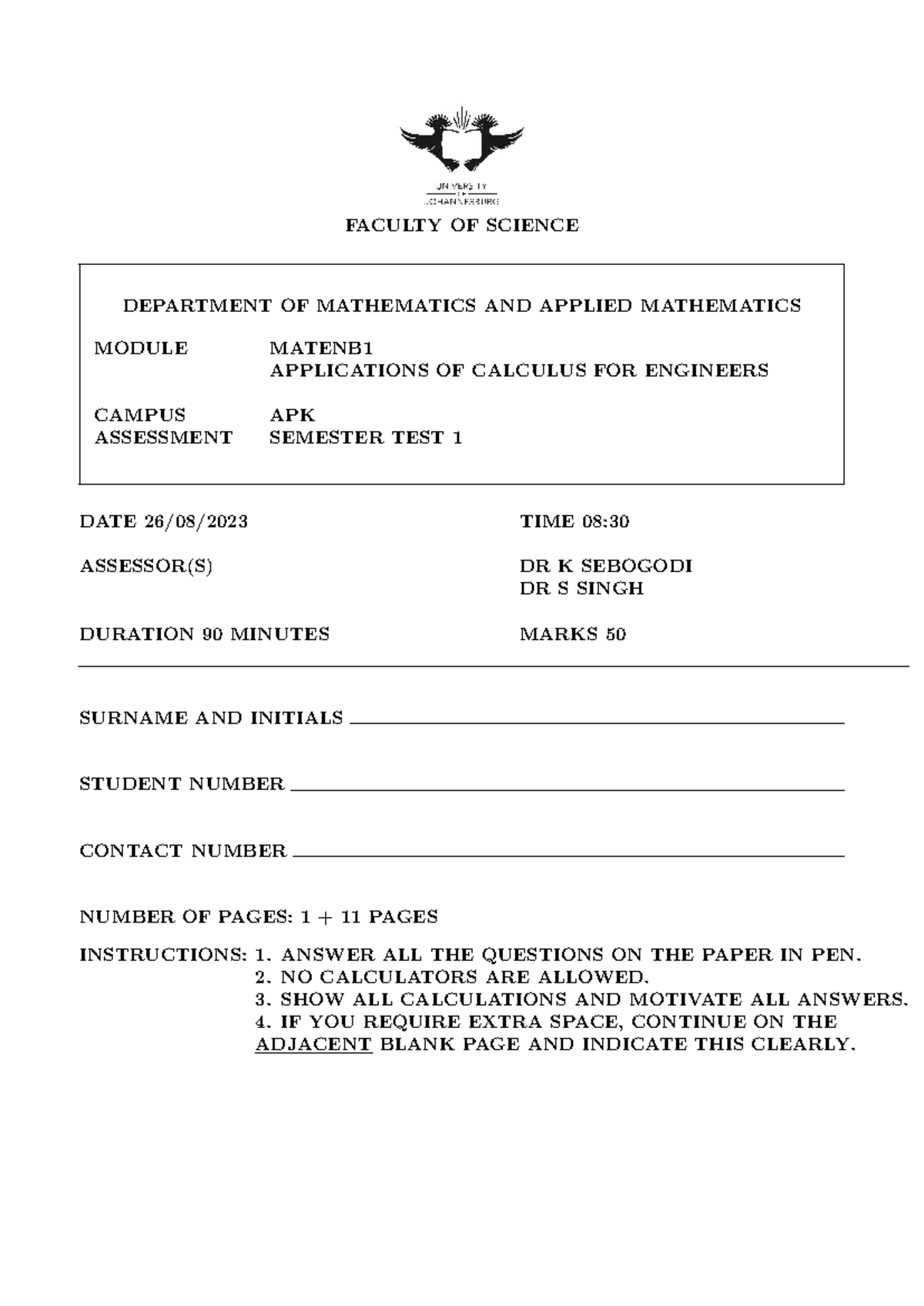 Matenb 1 2023 Semester test 1 - FACULTY OF SCIENCE DEPARTMENT OF ...