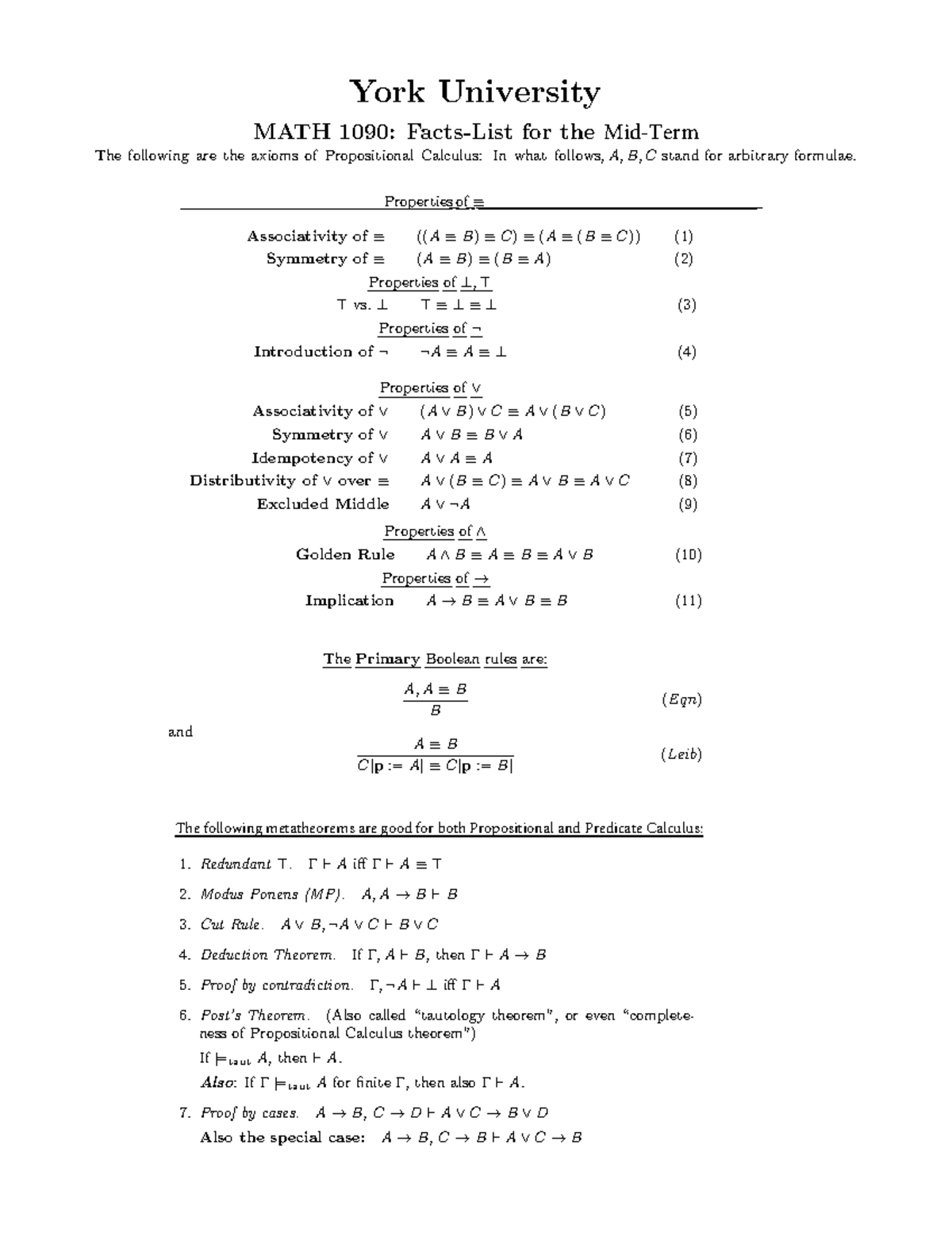 Math1090 proofs - others - York University MATH 1090: Facts-List for ...