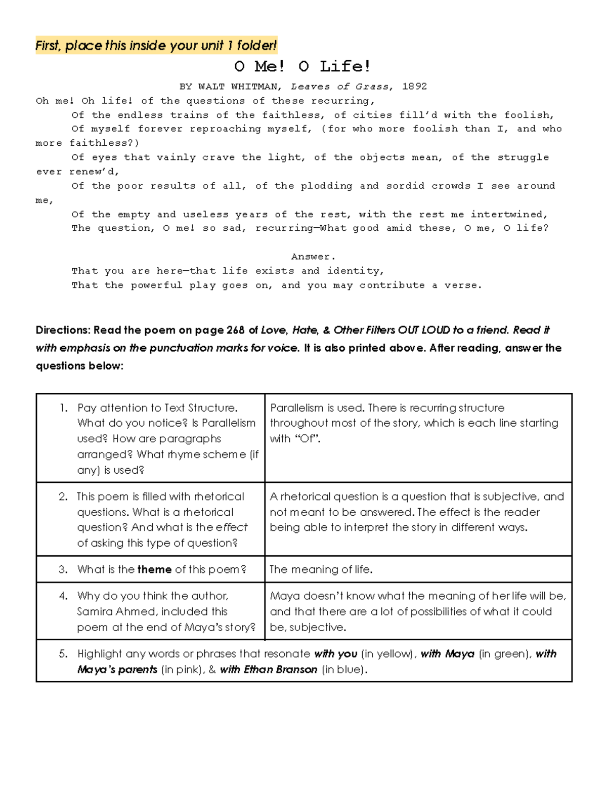 O Me O Life by Walt Whitman - First, place this inside your unit 1 folder! O Me! O Life! BY WALT ...