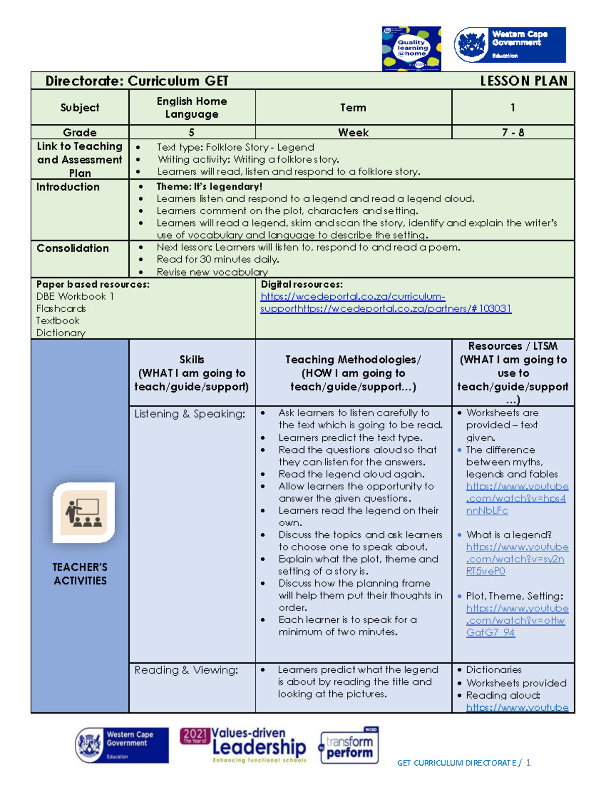 Lesson Plan Gr5 English HL T1 W7-8 - Directorate: Curriculum GET LESSON ...