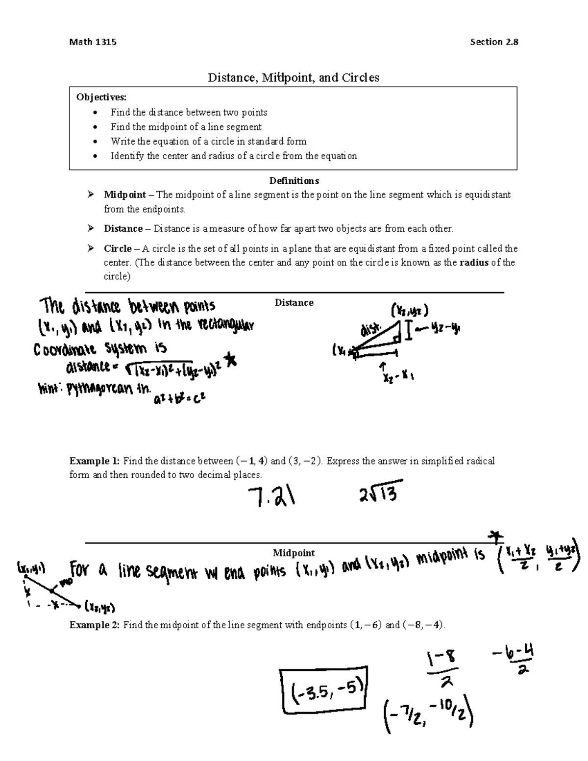 Section 2.8 Notes - Math 1315 Section 2. Distance, Midpoint, and ...