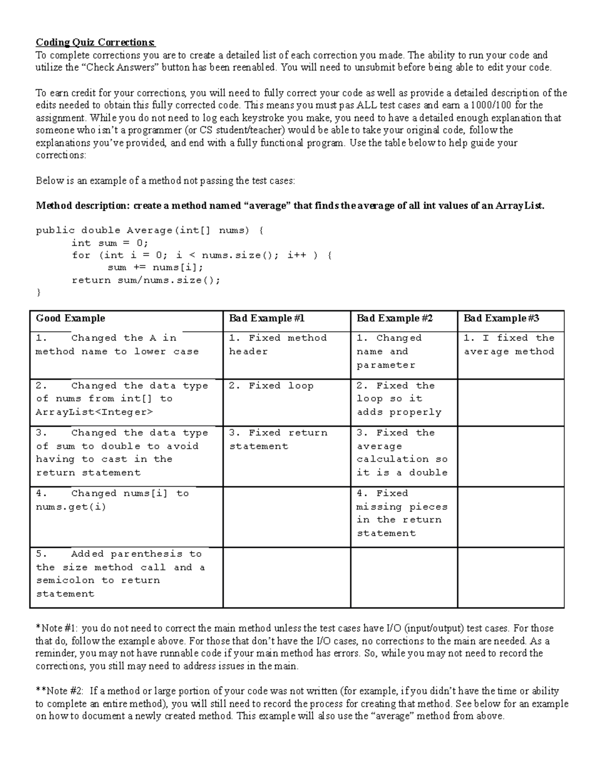 Coding Quiz Corrections Instructions - Coding Quiz Corrections: To complete corrections you are ...