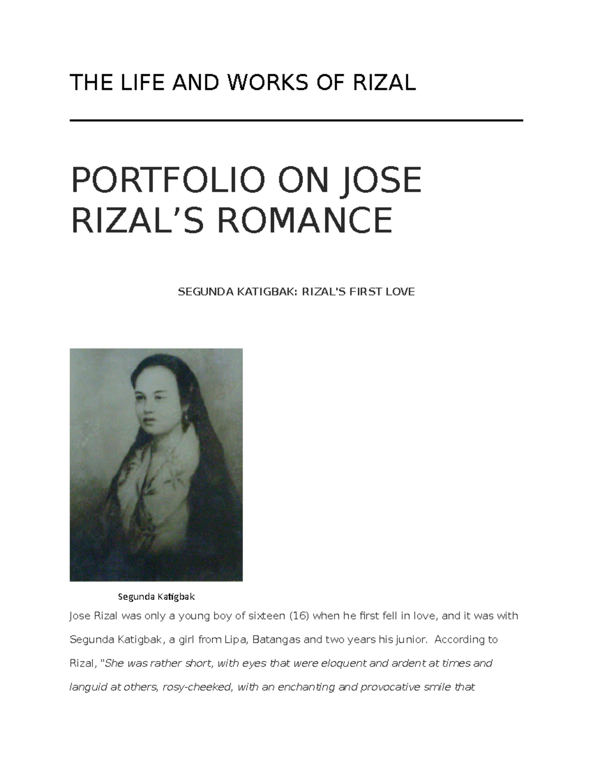 Portfolio - THE LIFE AND WORKS OF RIZAL PORTFOLIO ON JOSE RIZAL’S ...