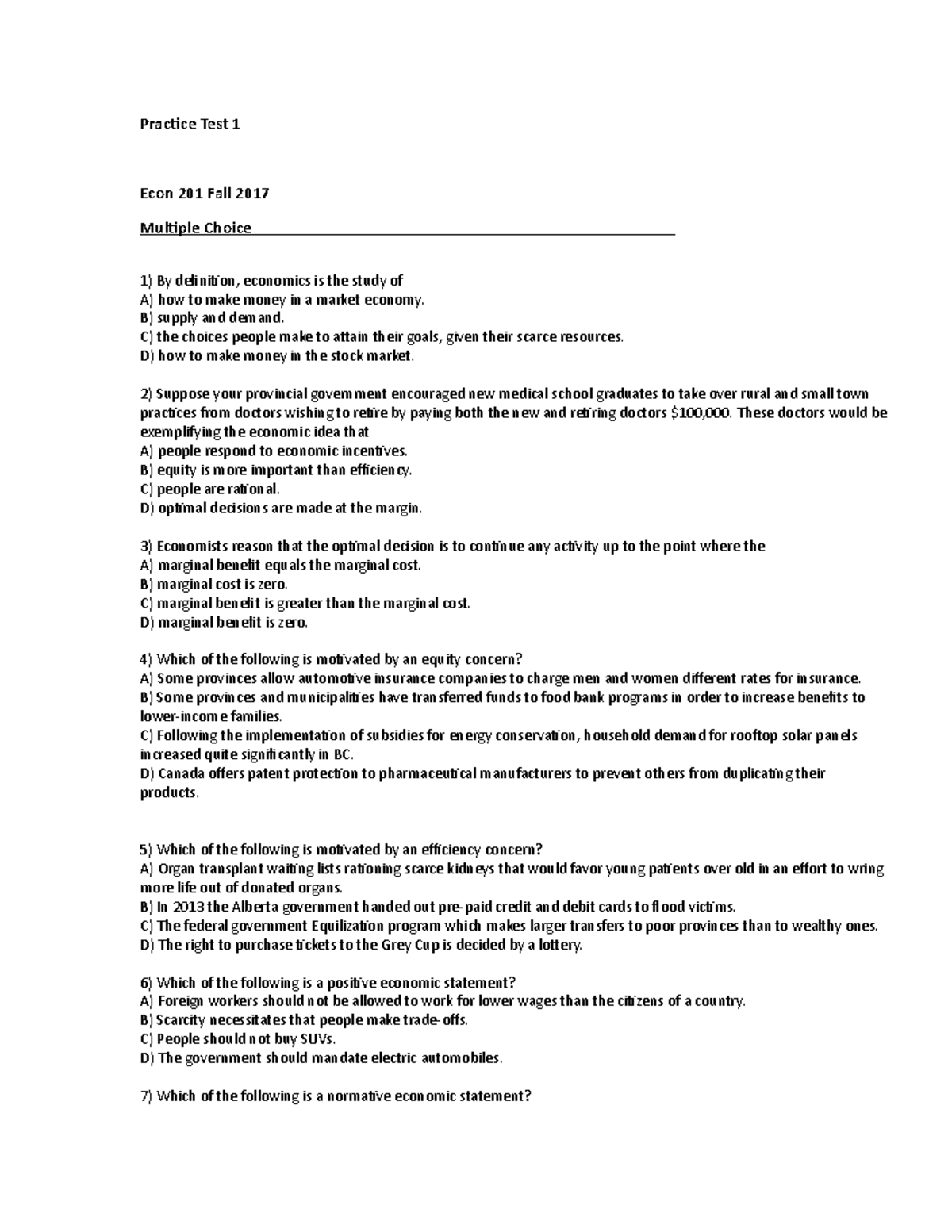Sample/practice exam 6 March 2017, questions - Practice Test 1 Econ 201 ...