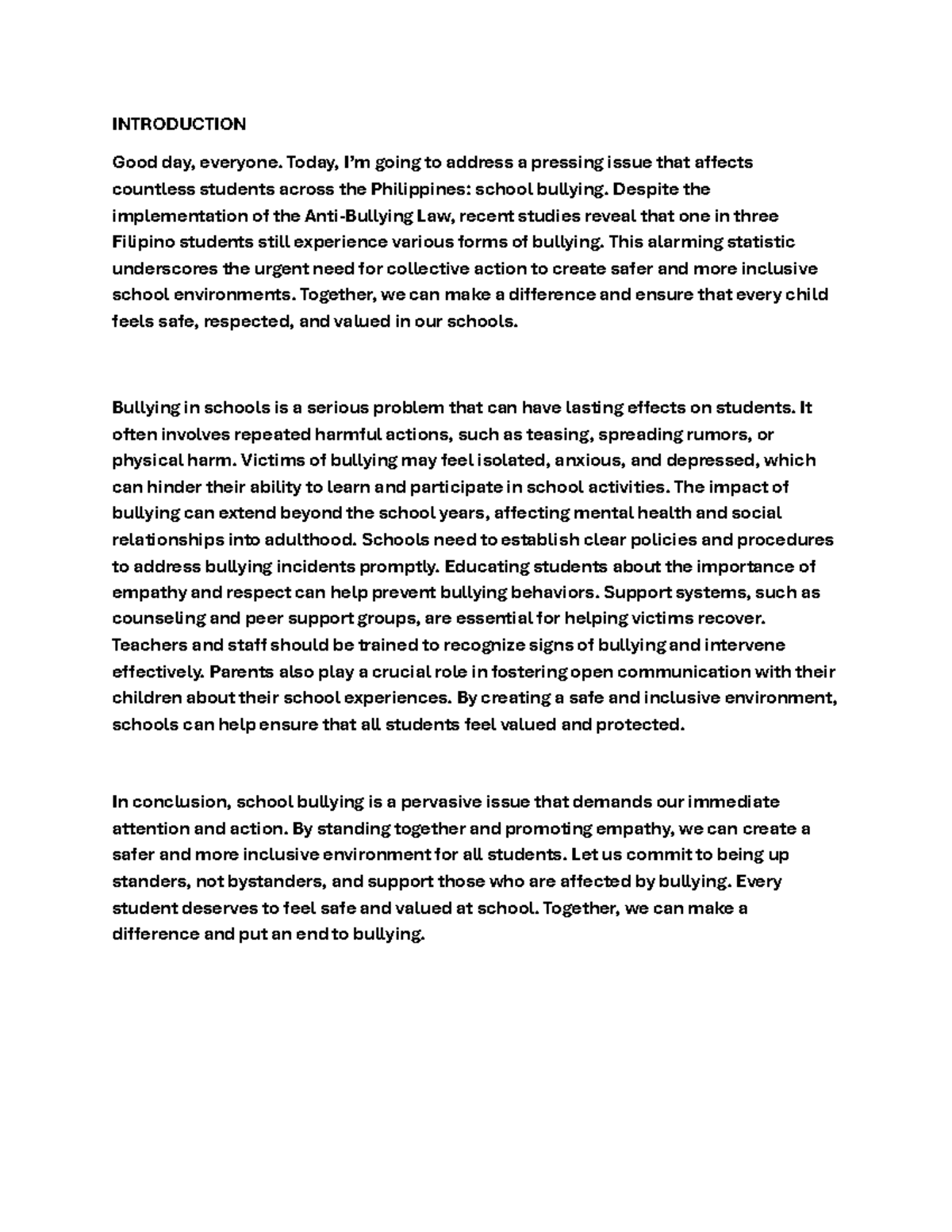 Advocacy-example - Advocacy Speech examples. - INTRODUCTION Good day ...