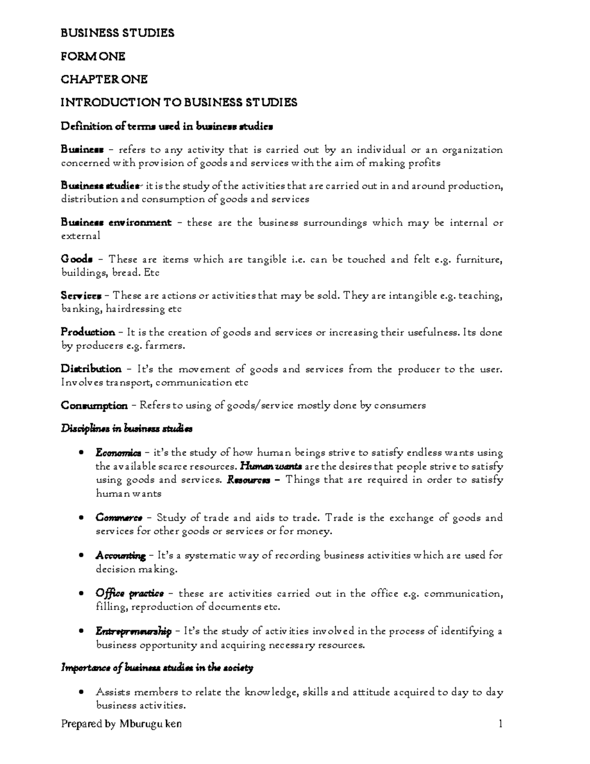 Perspectives of business - BUSINESS STUDIES FORM ONE CHAPTER ONE ...