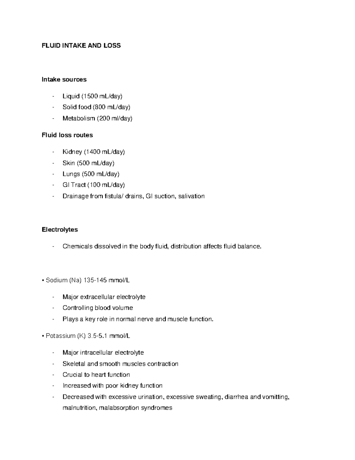 Fluid - surgical intake and losses - FLUID INTAKE AND LOSS Intake ...