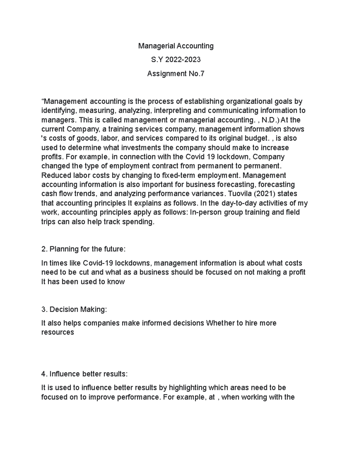 Managerial Accounting Assignment No - Managerial Accounting S 2022 ...