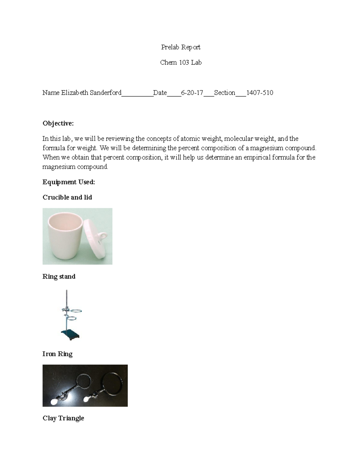 Prelab Report-lab5 - n/a - Prelab Report Chem 103 Lab Name Elizabeth ...