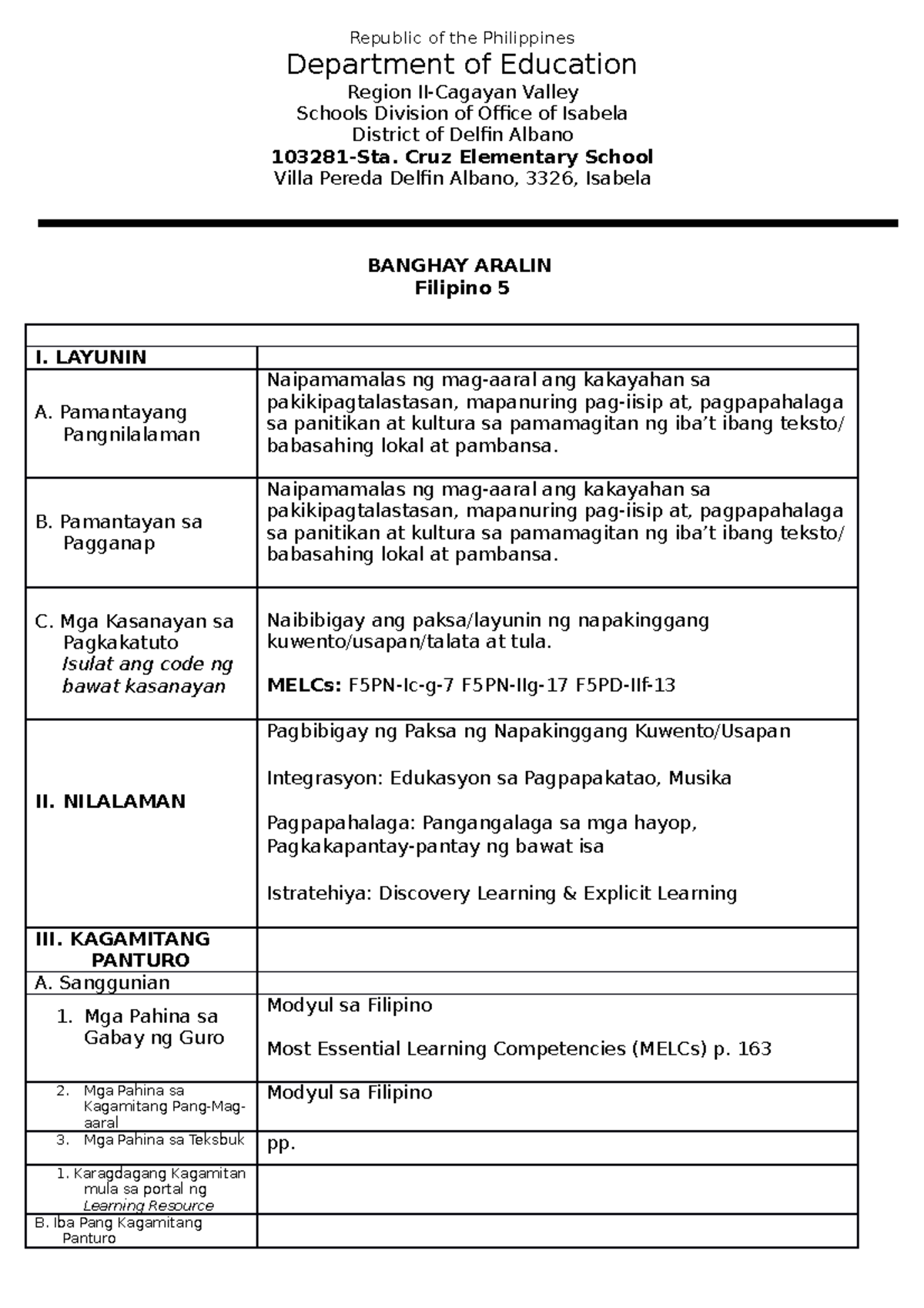CO Lesson PLAN Filipino 5 Quarter 2 - Republic of the Philippines ...