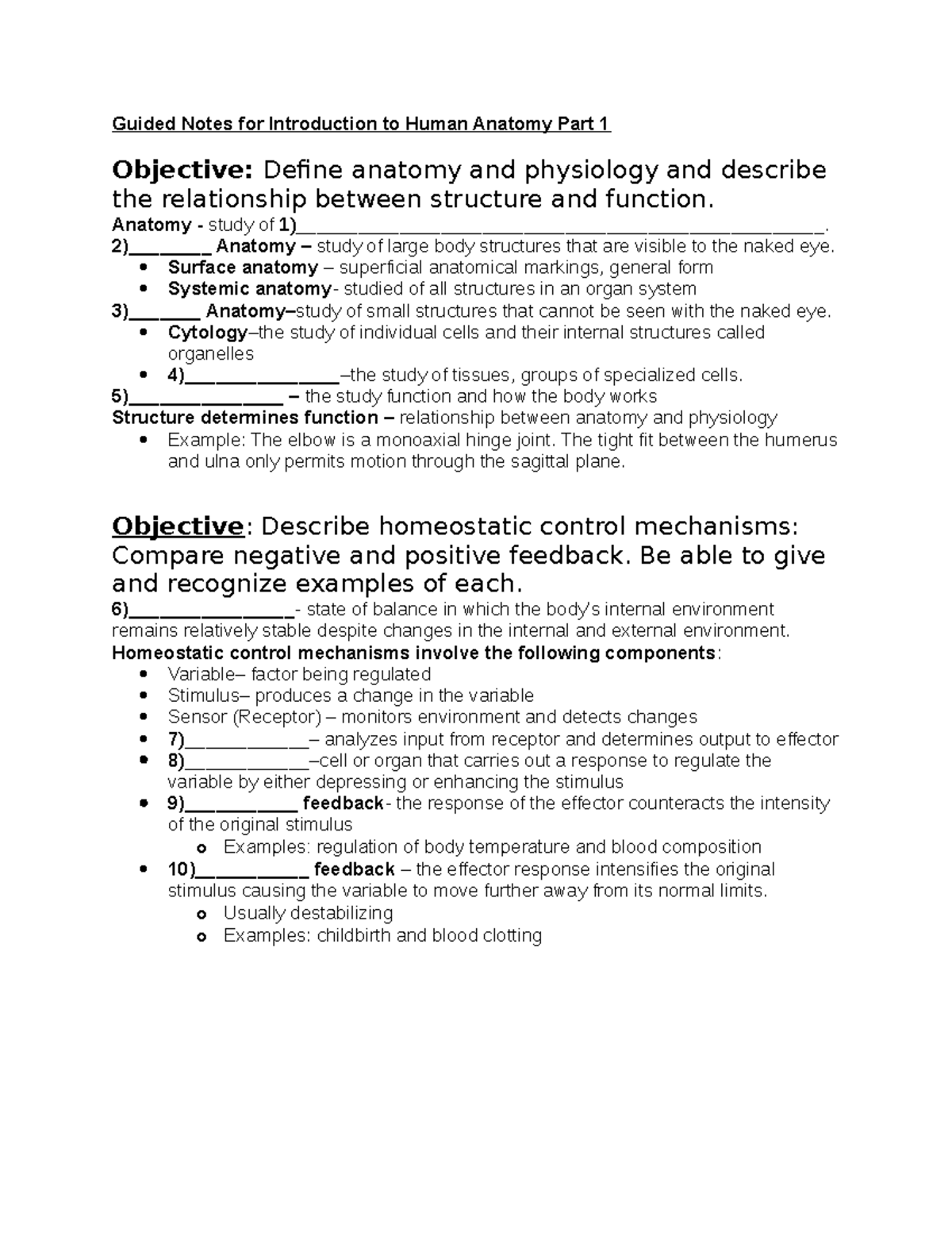 Guided Notes for Introduction to Human Anatomy - Anatomy - study of 1 ...