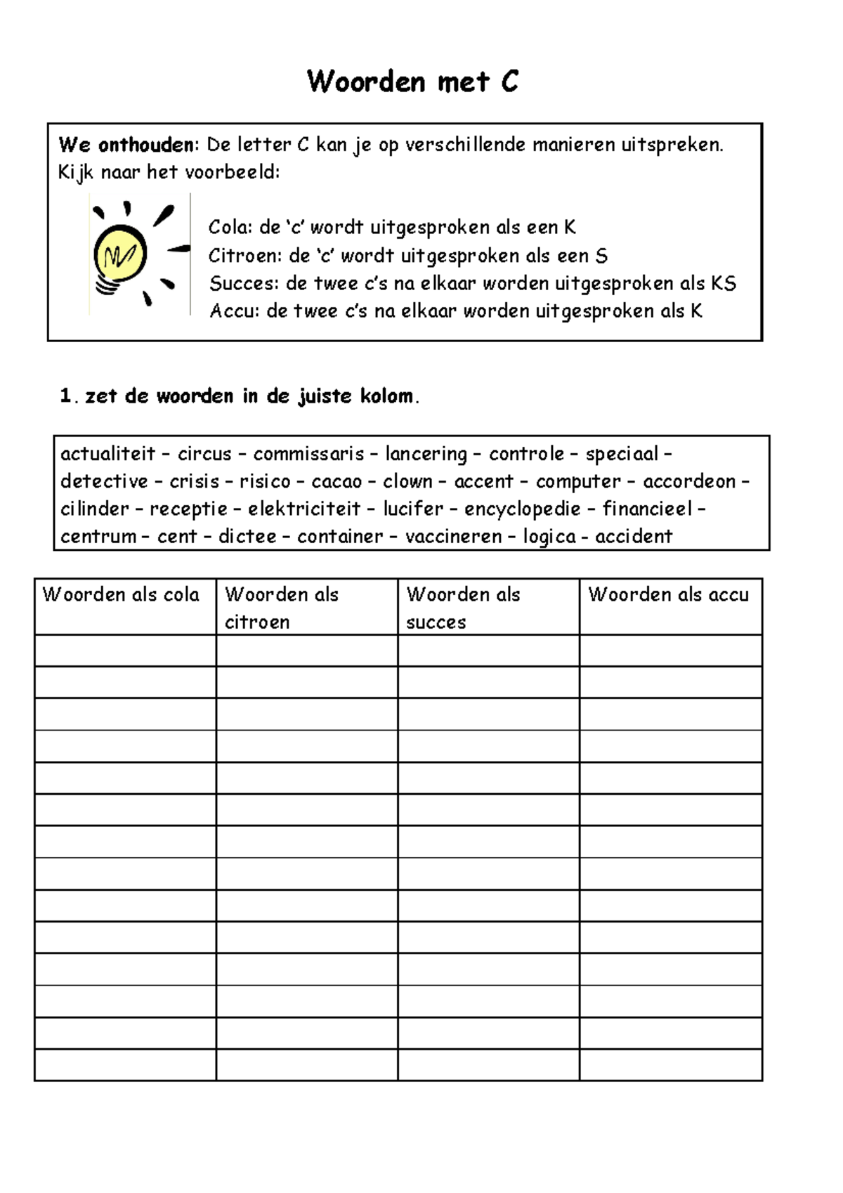 Spelling 2 - Opgave - Woorden met C zet de woorden in de juiste kolom. actualiteit – circus ...