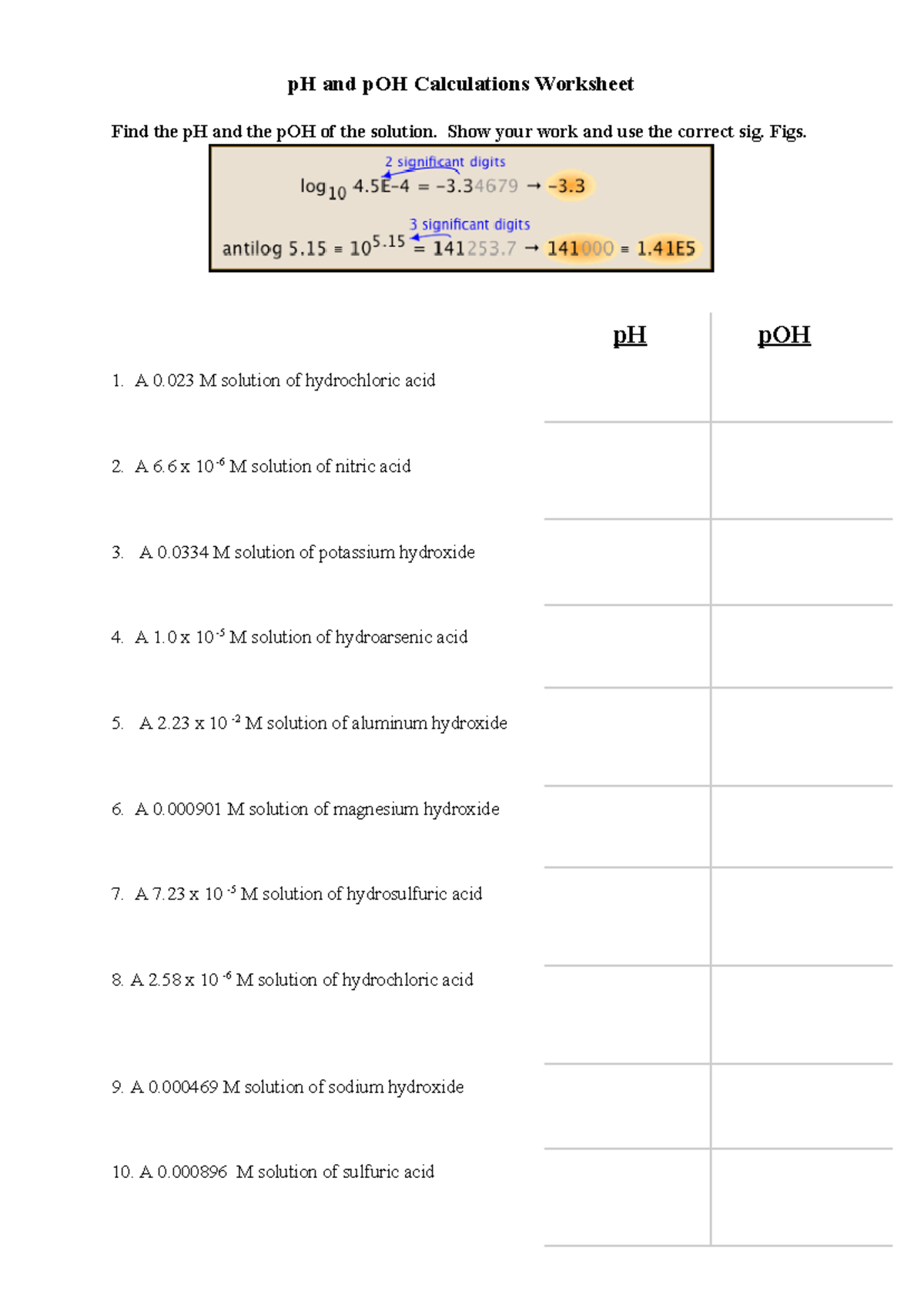 p H and p OH Calculations Worksheet - pH and pOH Calculations Worksheet ...