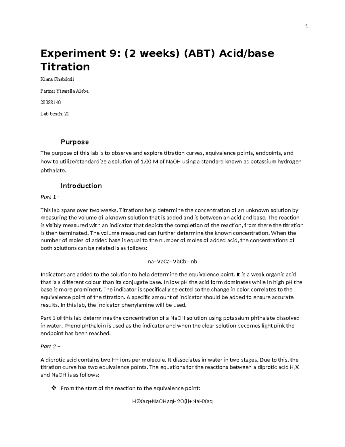 Template Acid Base Titration - Experiment 9: (2 weeks) (ABT) Acid/base ...