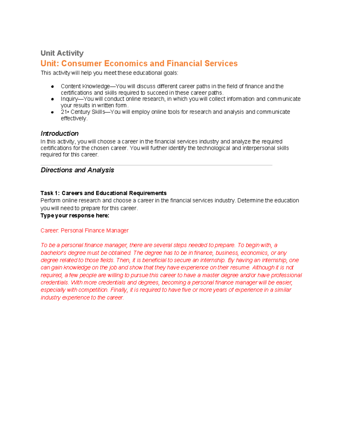 Unit Activity Consumer Economics and Financial Services - Inquiry—You ...