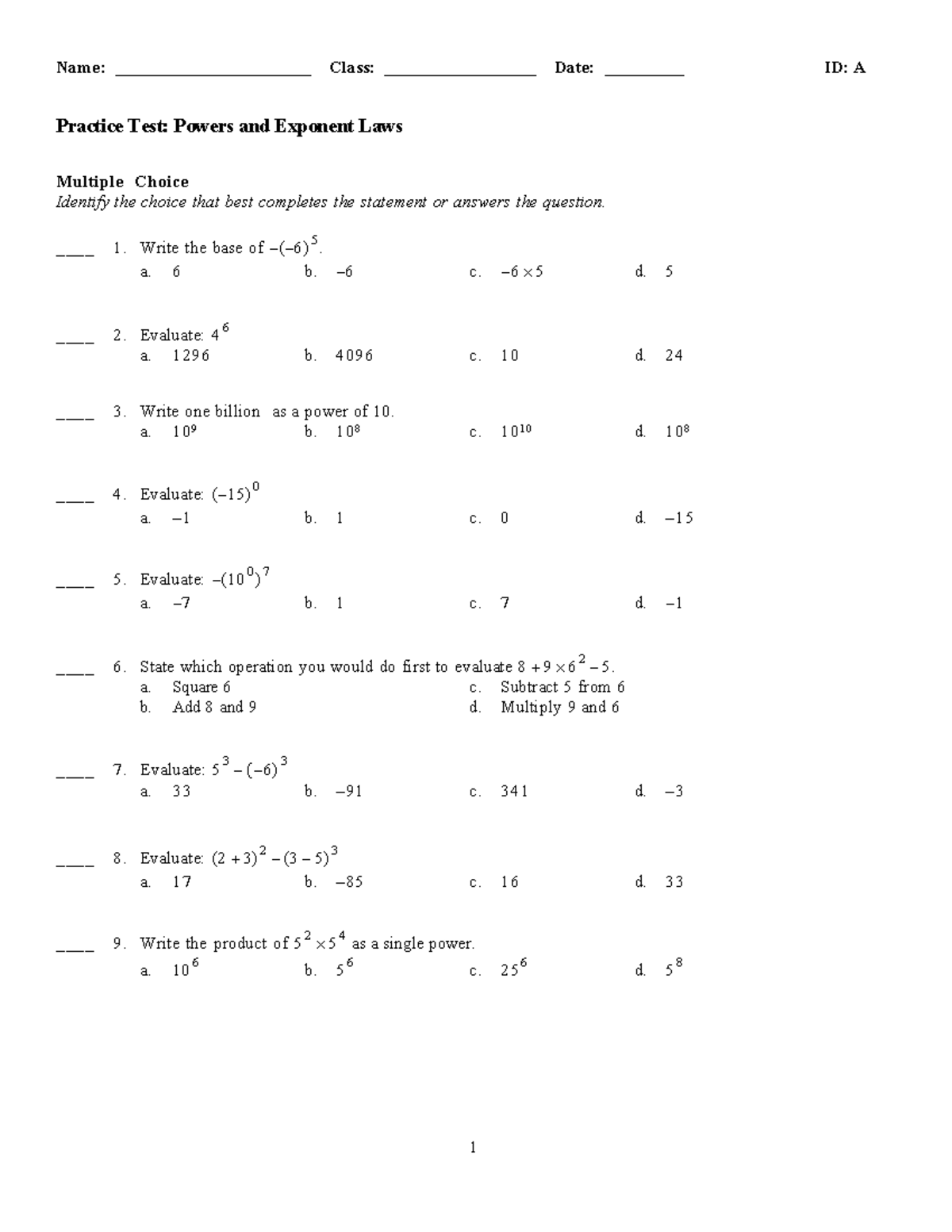 Practice Test Math Powers and Exponent Laws - Name ...