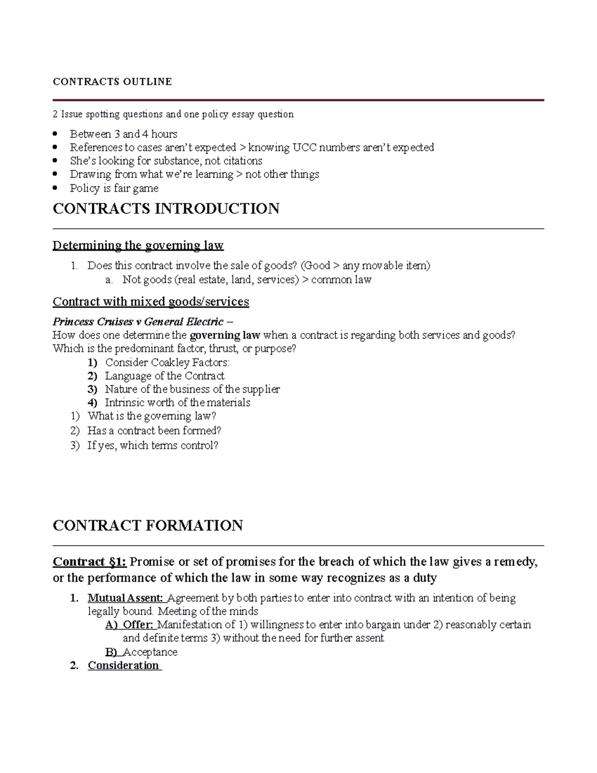 Contracts Outline - CONTRACTS OUTLINE 2 Issue spotting questions and ...
