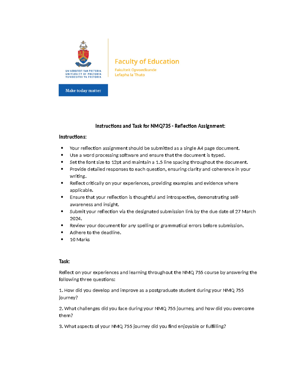 NMQ735 Reflection Task(1) - Instructions and Task for NMQ735 - Reflection Assignment ...