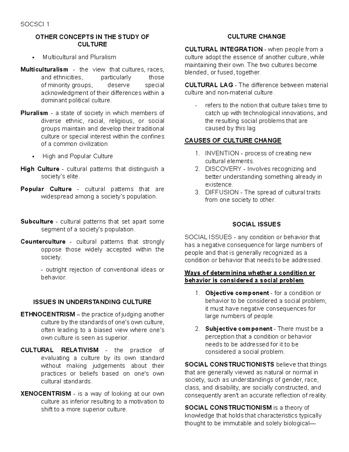 Soc Sci-1-Reviewer - Summary Society and culture - SOCSCI 1 OTHER CONCEPTS IN THE STUDY OF ...