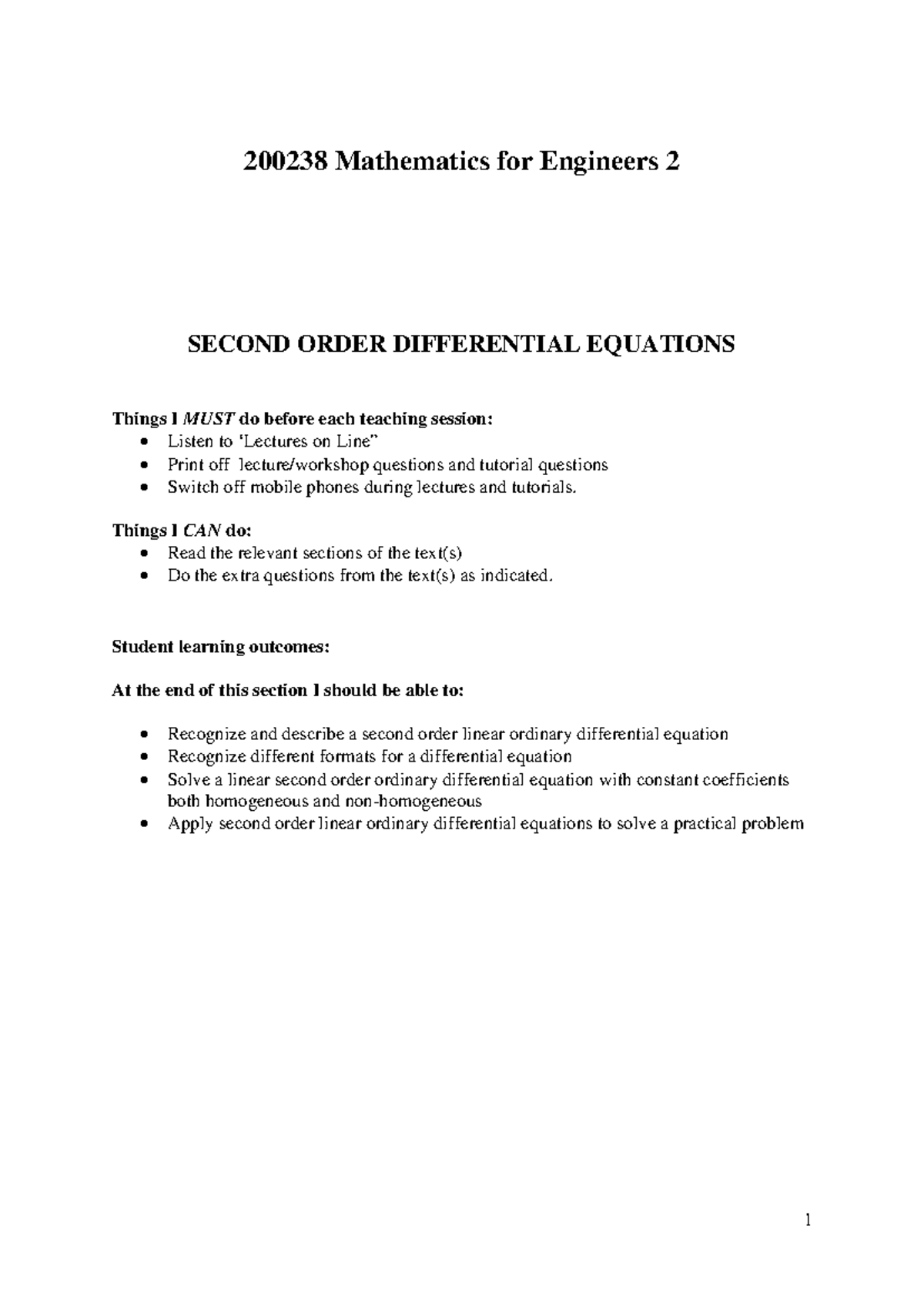 2. Second Order ODE - maths 2 - 200238 Mathematics for Engineers 2 SECOND ORDER DIFFERENTIAL ...