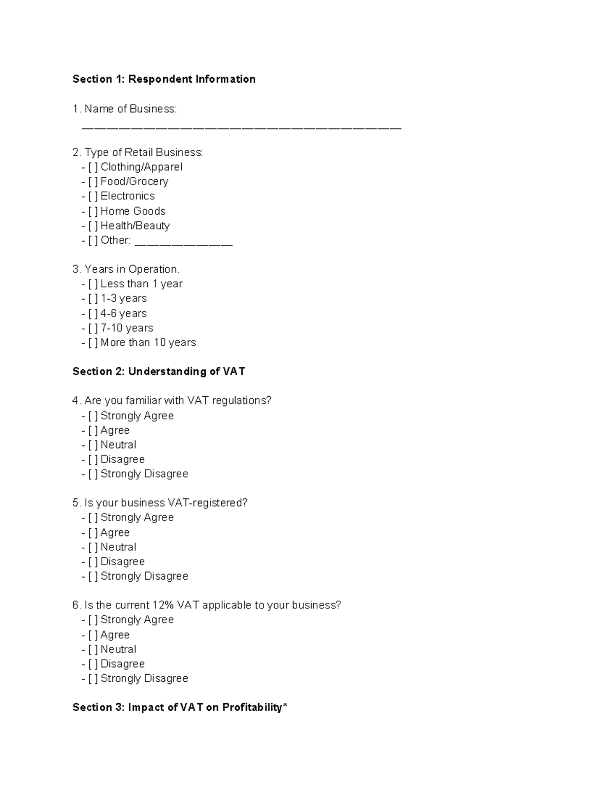 Questionnaires - Section 1: Respondent Information Name of Business ...