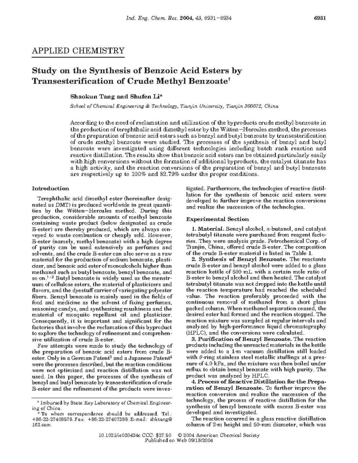 Paper 1 - we are sutisfied - APPLIED CHEMISTRY Study on the Synthesis of Benzoic Acid Esters by ...