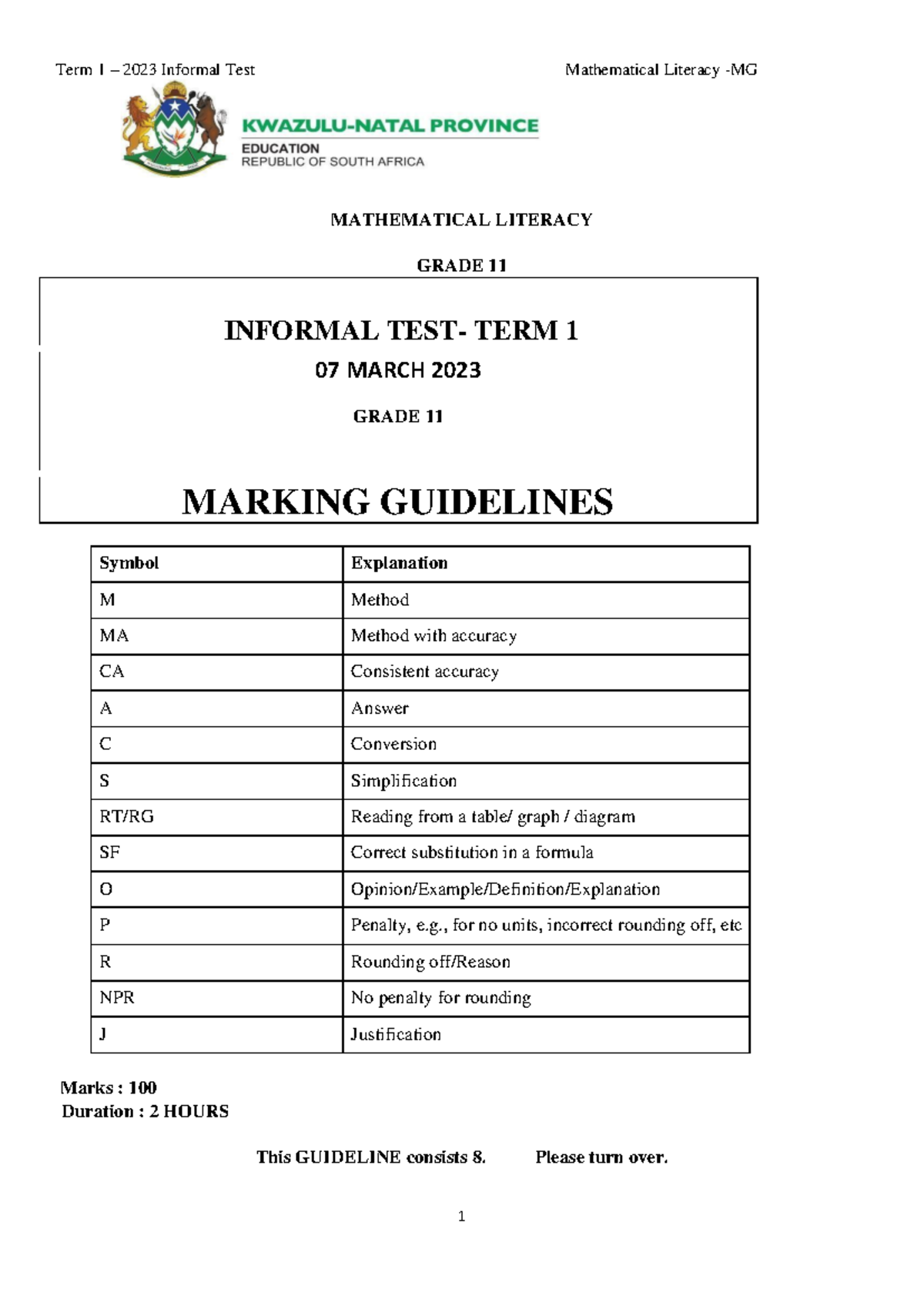 GR 11 Informal TEST Marking Guideline - MATHEMATICAL LITERACY GRADE 11 ...