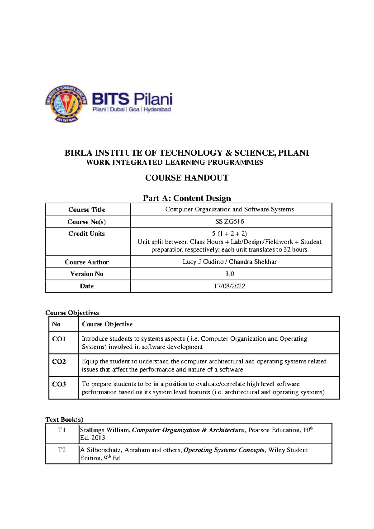 COSS Handout - BIRLA INSTITUTE OF TECHNOLOGY & SCIENCE, PILANI WORK INTEGRATED LEARNING - Studocu