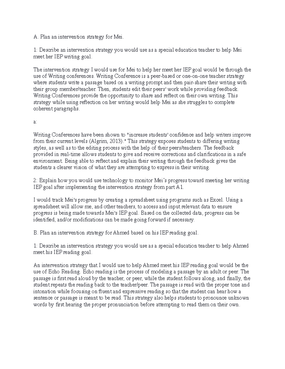 D006 - D006 Passed - A. Plan an intervention strategy for Mei. 1 ...