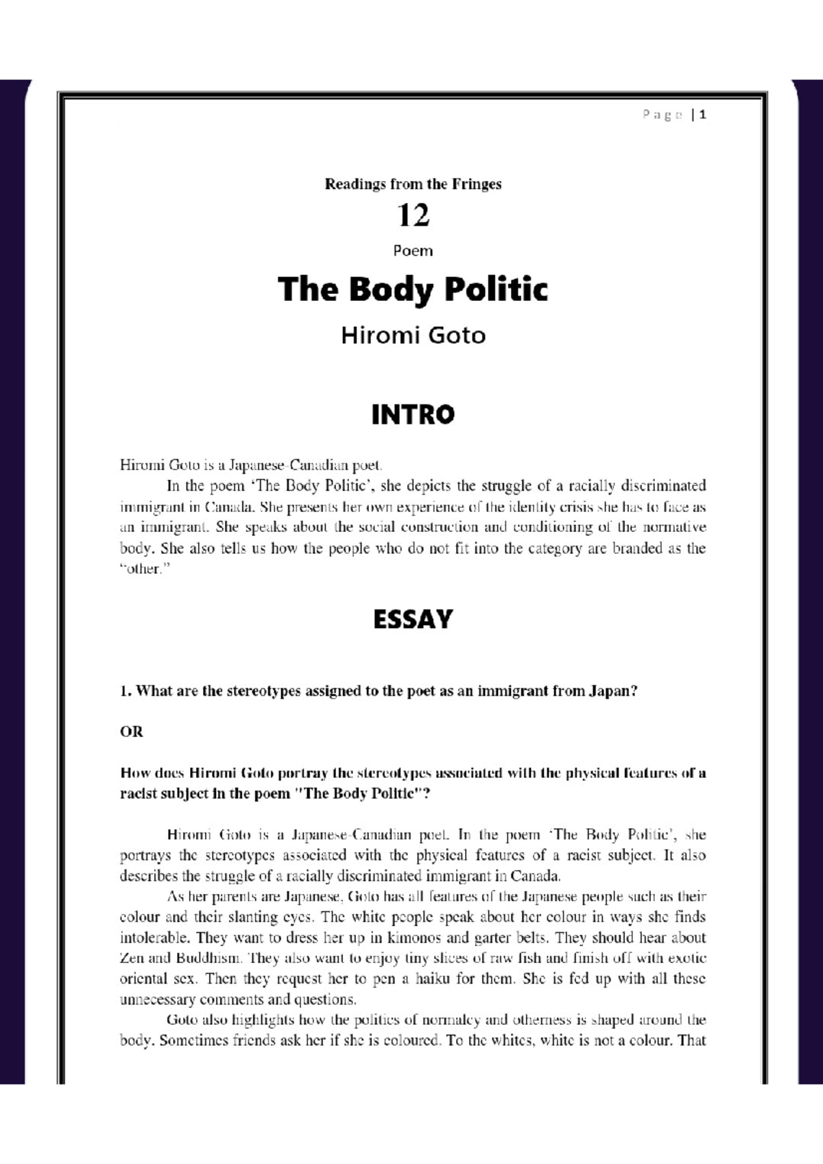 The body politics - Summary Readings from the fringes - Bachelor's of ...