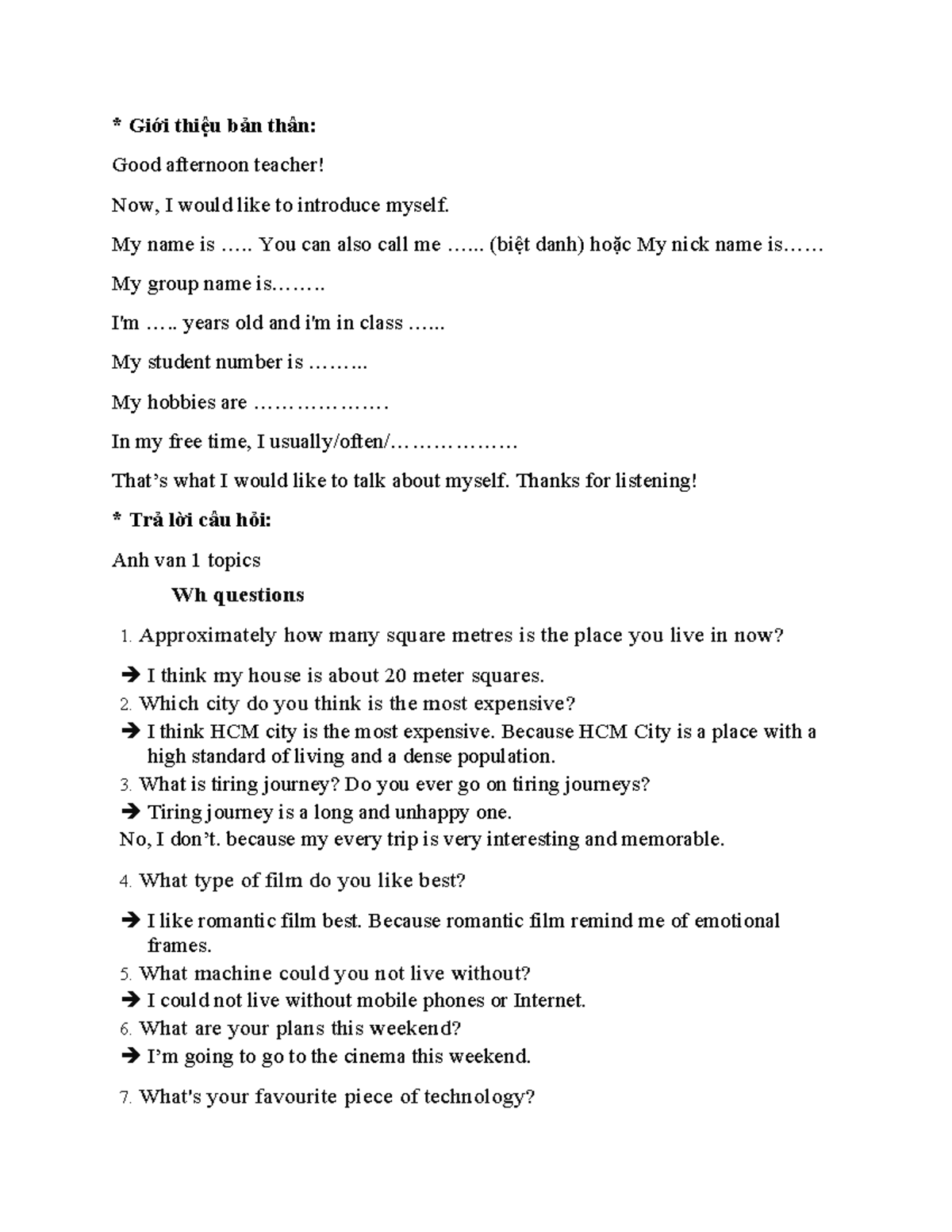 Speaking tham khảo av1 - ghch gf - * Giới thiệu bản thân: Good ...